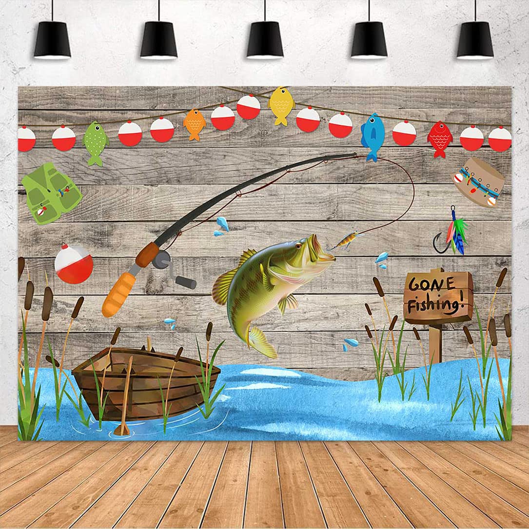 Avezano Rustic Wood Gone Fishing Backdrop for Birthday Party O Fish Ally Kids Baby Shower Photography Background Retirement Fisherman Party Decor Banner Supplies Photo Studio Props 7x5ft