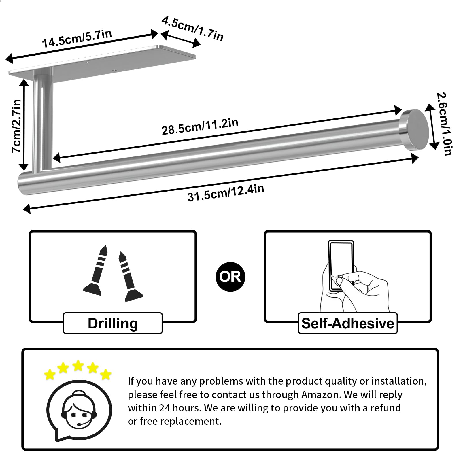 Paper Towel Holder - Self-Adhesive or Drilling, Brushed Nickel Wall Mounted Paper Towel Rack for Kitchen, SUS304 Stainless Steel Kitchen Roll Holder Under Cabinet