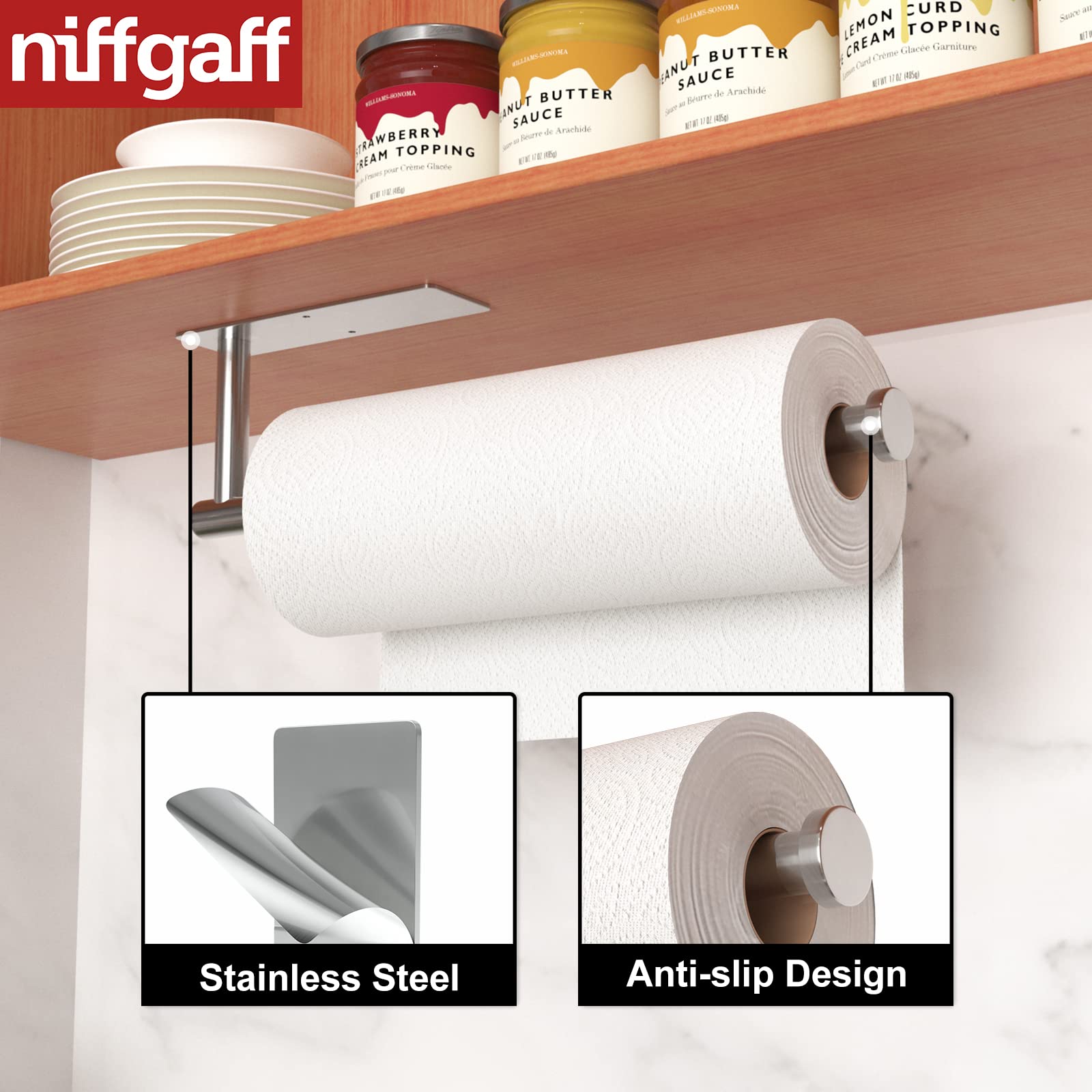 Paper Towel Holder - Self-Adhesive or Drilling, Brushed Nickel Wall Mounted Paper Towel Rack for Kitchen, SUS304 Stainless Steel Kitchen Roll Holder Under Cabinet