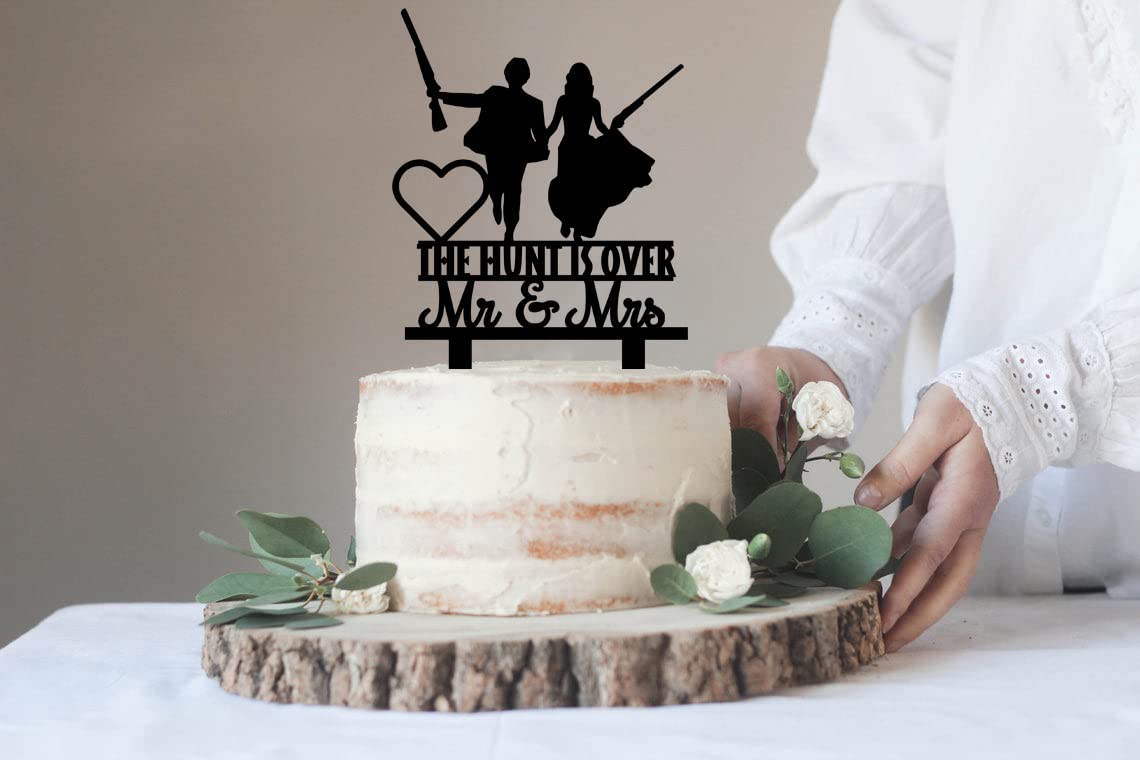 The Hunt is Over Wedding Cake Topper - Groom and Bride With Rifle Funny Wedding Cake Topper, Mr and Mrs Wedding Cake Topper