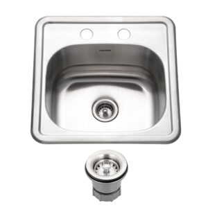 houzer hospitality 15 inch stainless steel drop-in topmount 2-hole single bowl bar sink with strainer - 1515-6bs-c