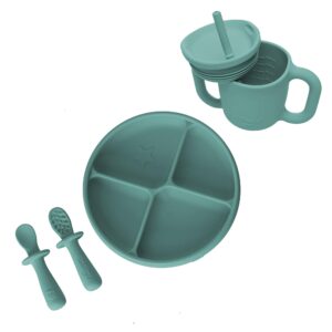 talktools itsy baby utensil set – silicone training cup, plate and twin spoon pack for toddlers| infant first food self feeding silicone training set (sage)