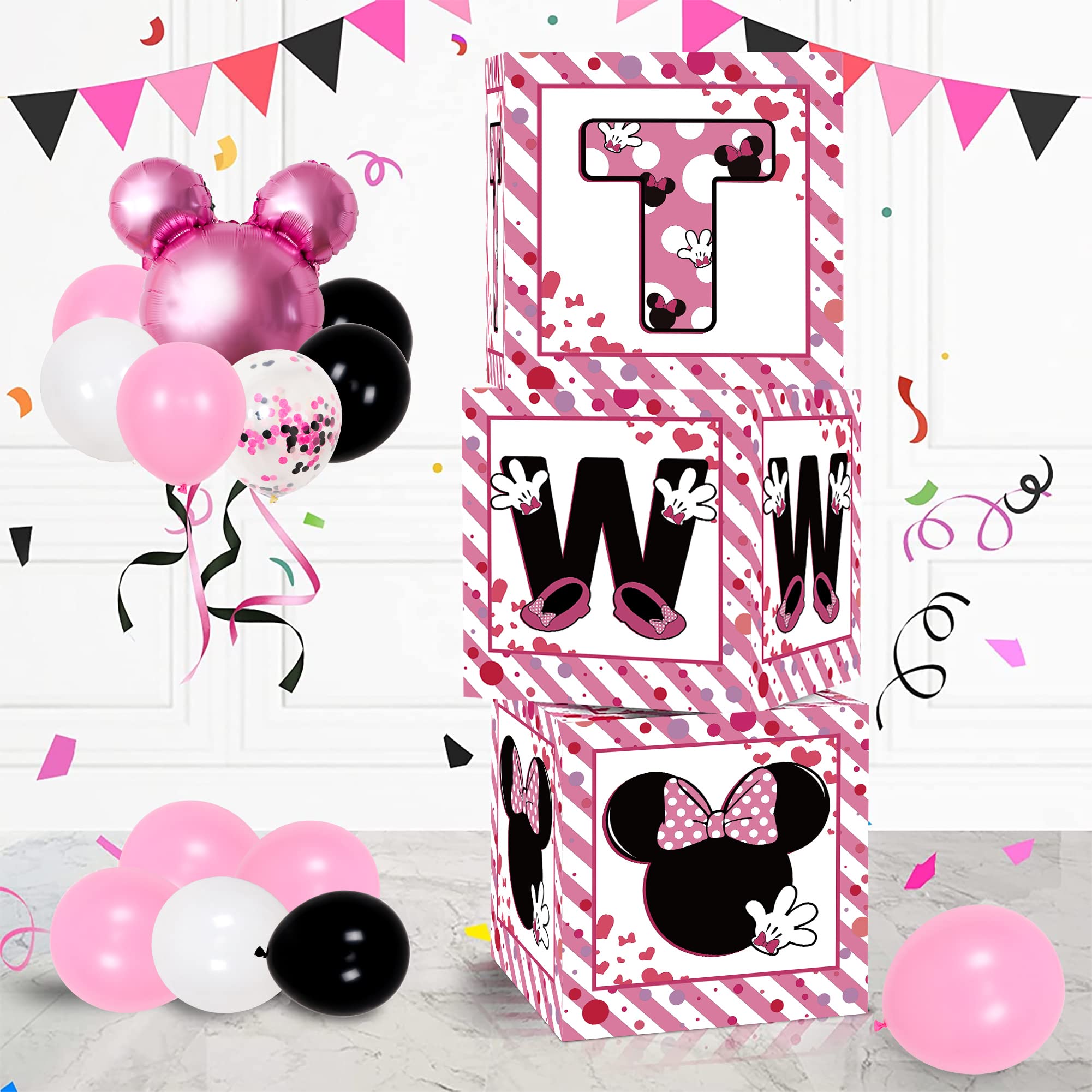 2nd Birthday Party Favors Balloon Boxes Supplies for Baby, Girls 3Pcs Pink Mouse Theme Two Year Old Balloon Boxes, TWO' Letters Balloon Arch Kit for Party Decorations