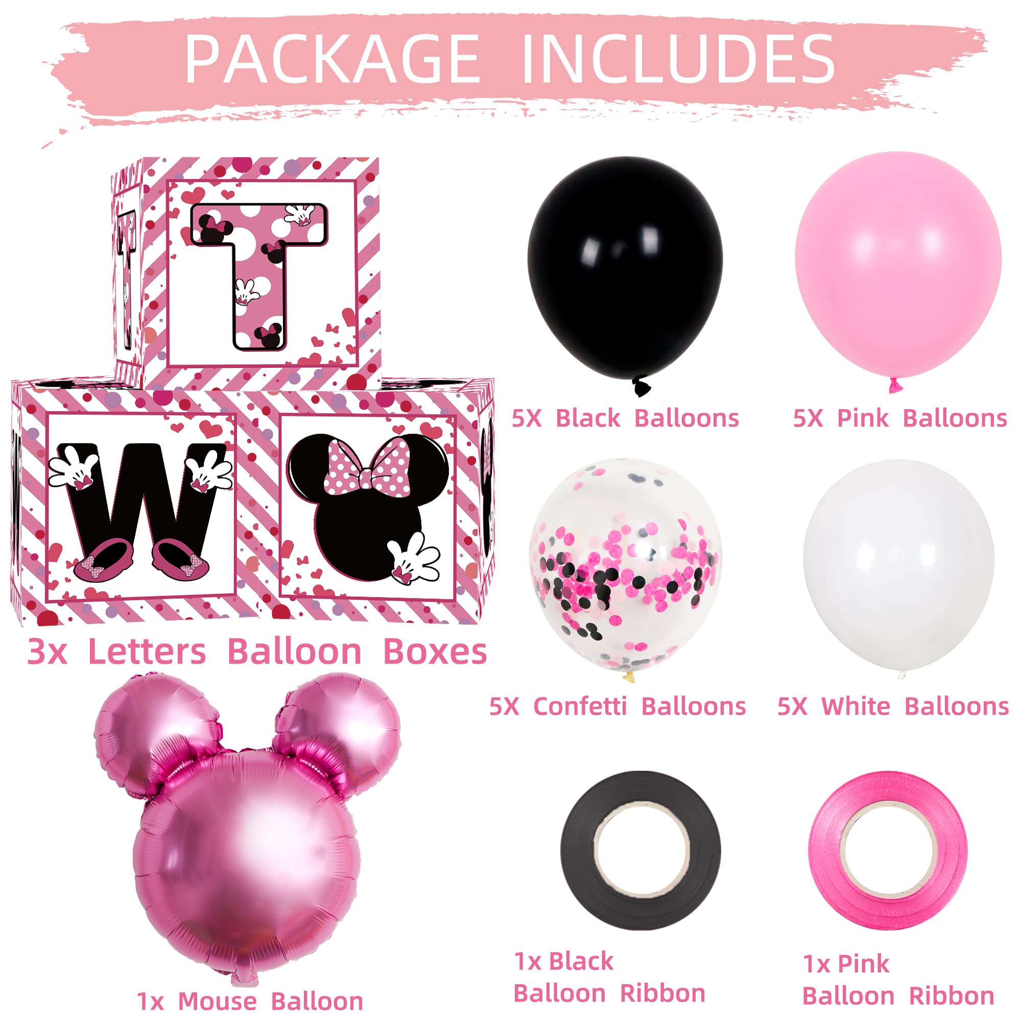 2nd Birthday Party Favors Balloon Boxes Supplies for Baby, Girls 3Pcs Pink Mouse Theme Two Year Old Balloon Boxes, TWO' Letters Balloon Arch Kit for Party Decorations