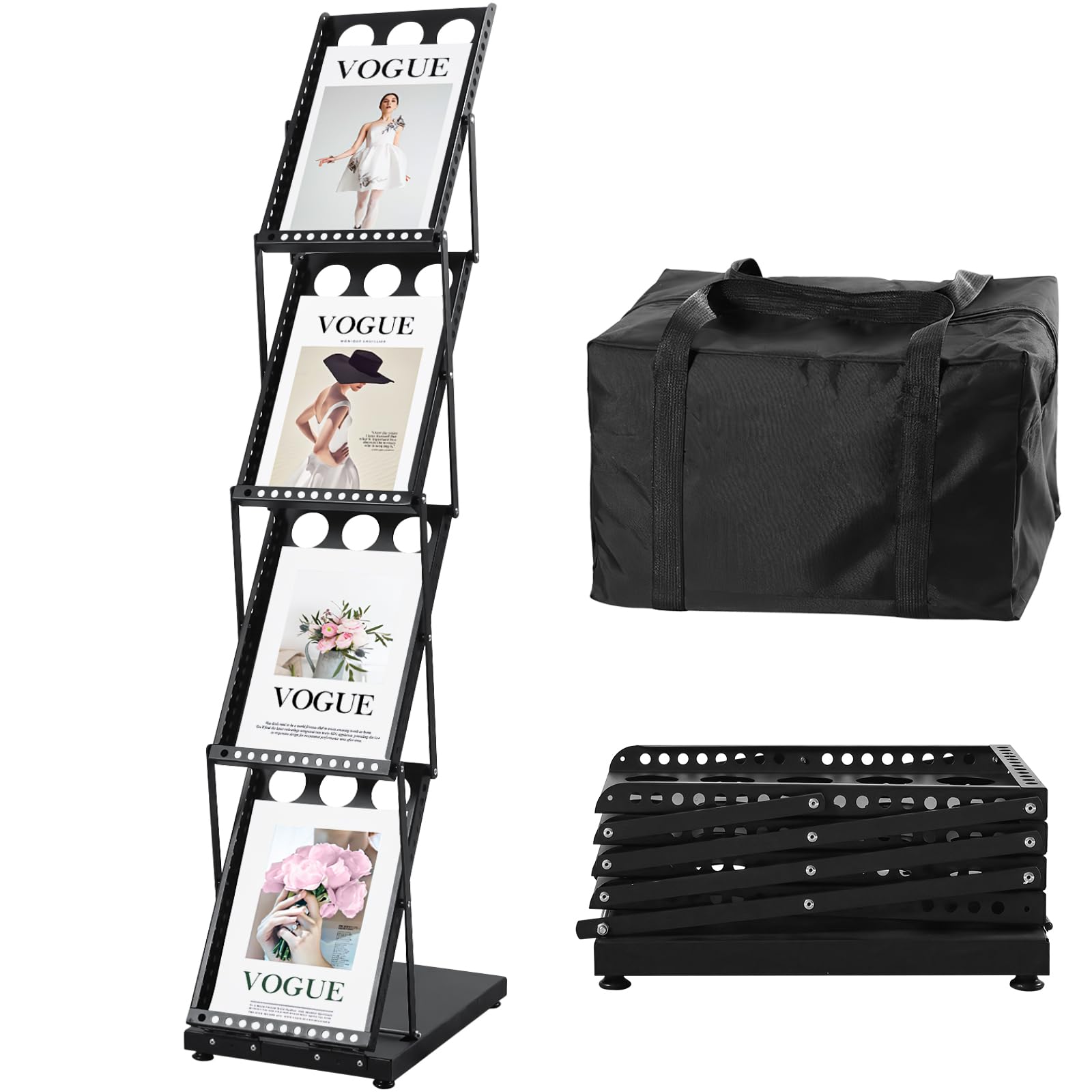 LIWSHWZ Foldable Brochure Display Stand Magazine Catalog Literature Rack Portable 4 Pockets for Trade Show Exhibitions Office with Carrying Bag