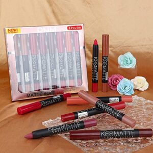 evpct 8Pcs Dark Ruby Red Plum Purple Wine Nude Beige Brown Matte Lipstick and Lip Crayon Liner Pencil Pen Set for Women labial labiales mate magicos 24 horas originales pintalabios permanente 24 horas