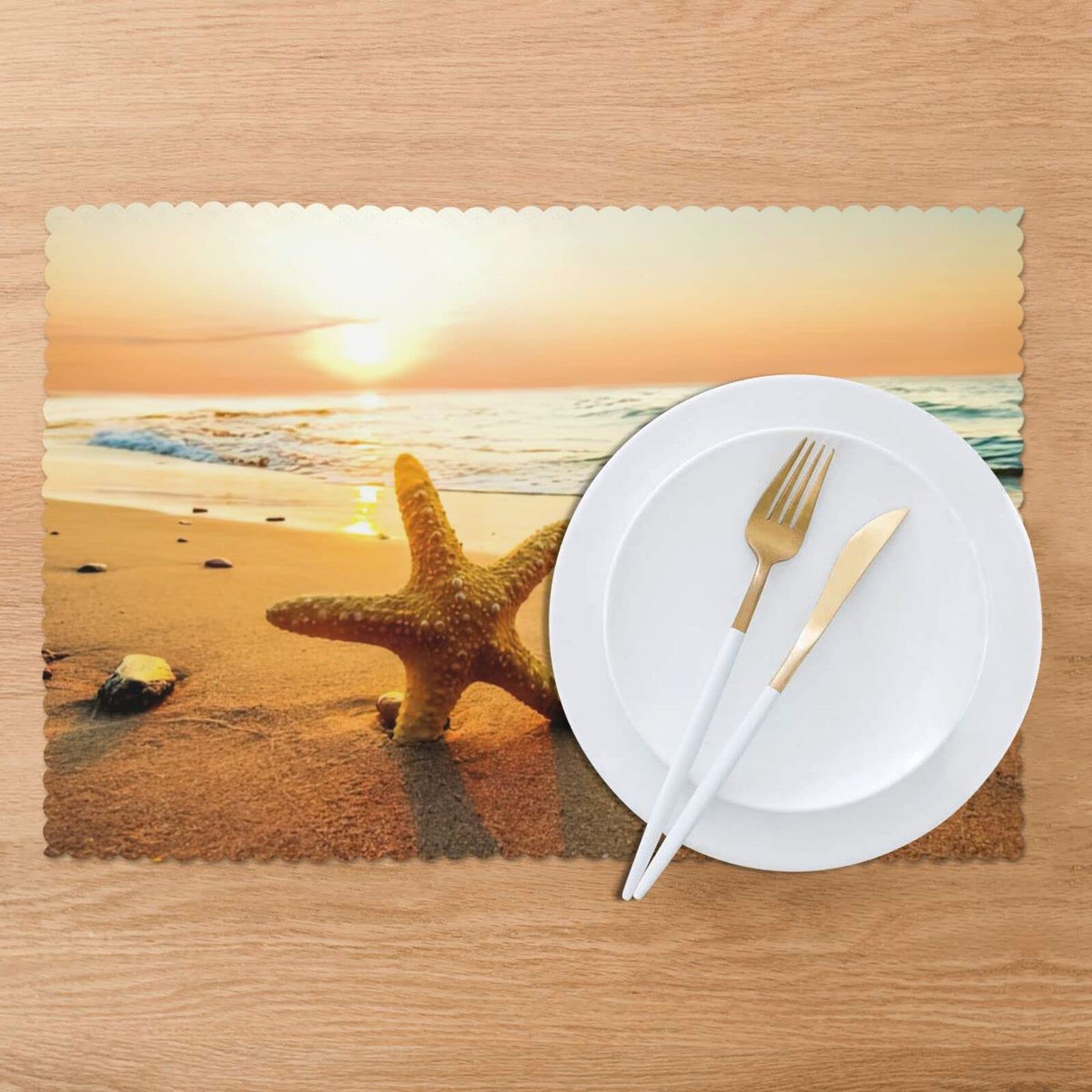 Beach Sunset Starfish Placemats Set of 6,Table Mats Heat-Resistant Washable Non-Slip Place Mats for Party Family Dining Kitchen Home Wedding Holiday Party Decorations 12 X 18 Inch