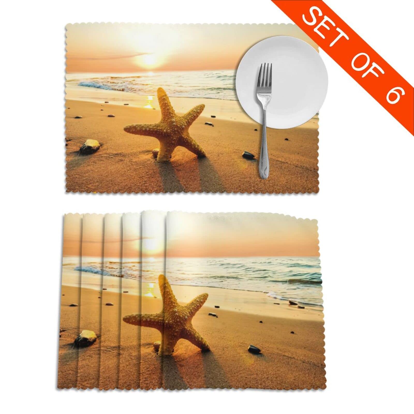 Beach Sunset Starfish Placemats Set of 6,Table Mats Heat-Resistant Washable Non-Slip Place Mats for Party Family Dining Kitchen Home Wedding Holiday Party Decorations 12 X 18 Inch