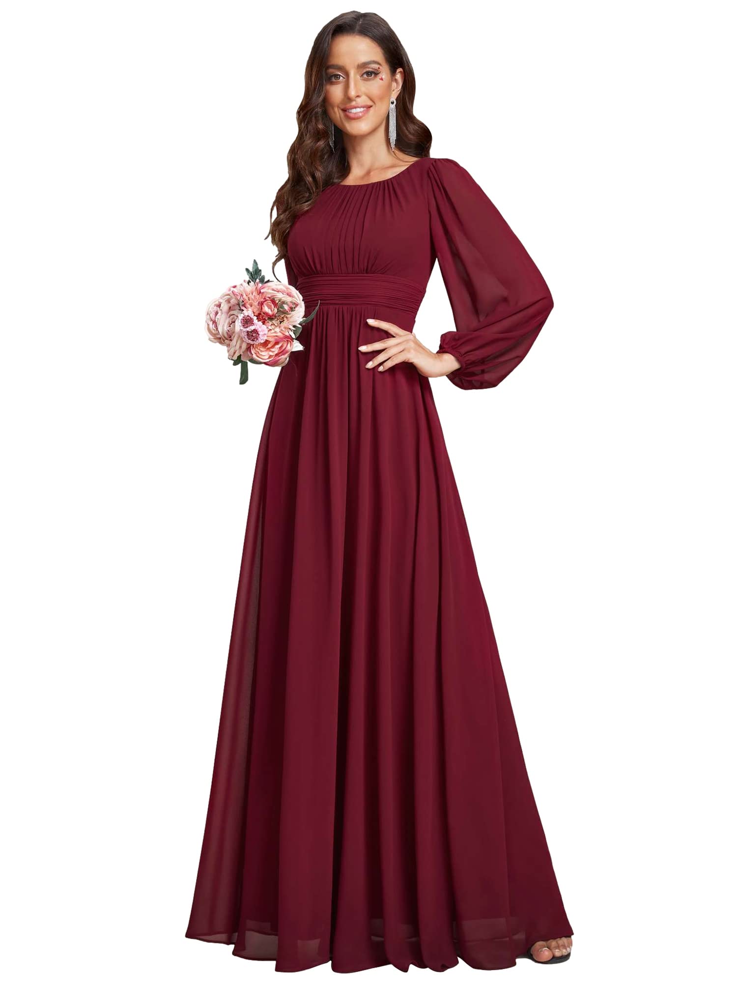 Ever-Pretty Women's Classic A-Line Chiffon Ruched Long Formal Dress with Sleeves Burgundy US10