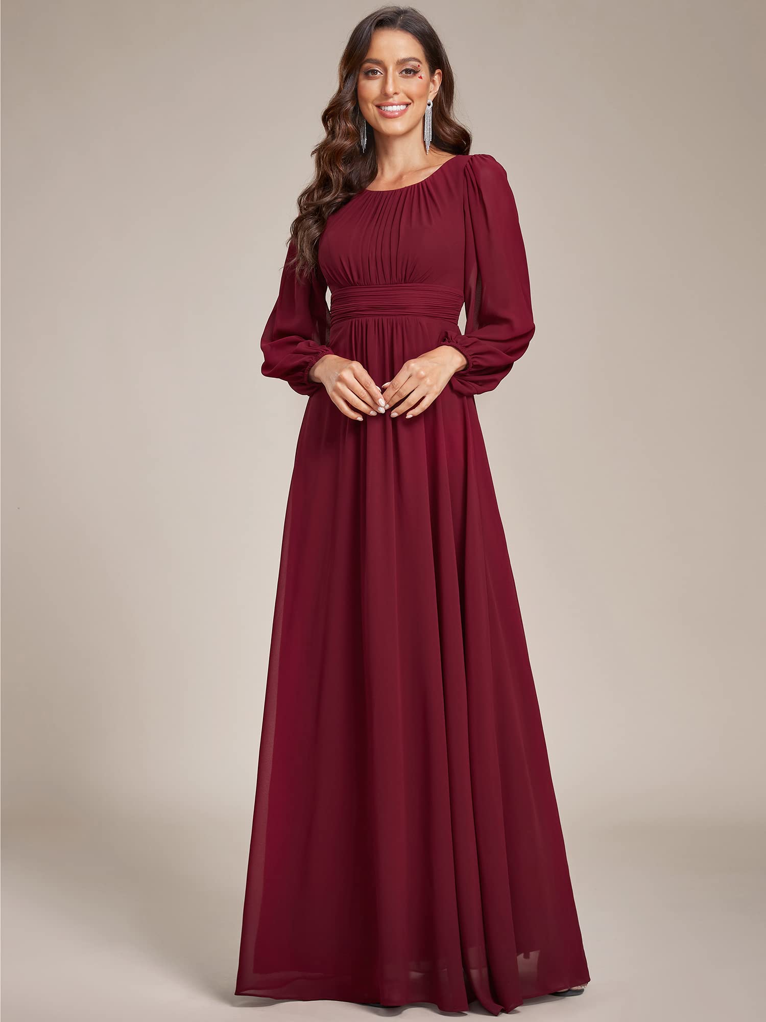 Ever-Pretty Women's Classic A-Line Chiffon Ruched Long Formal Dress with Sleeves Burgundy US10