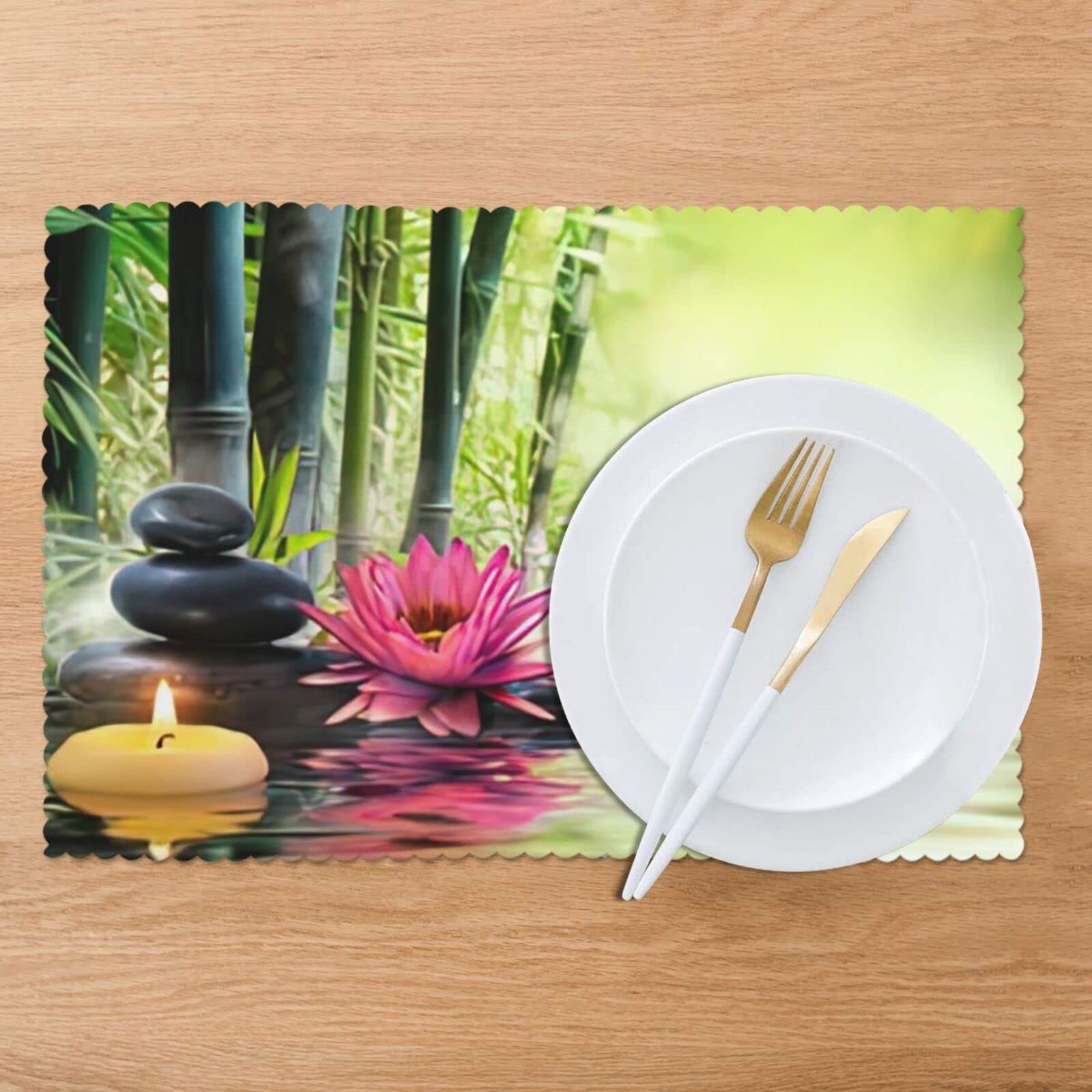 Zen Stone Lotus Bamboo Placemats Set of 6,Table Mats Heat-Resistant Washable Non-Slip Place Mats for Party Family Dining Kitchen Home Wedding Holiday Party Decorations 12 X 18 Inch