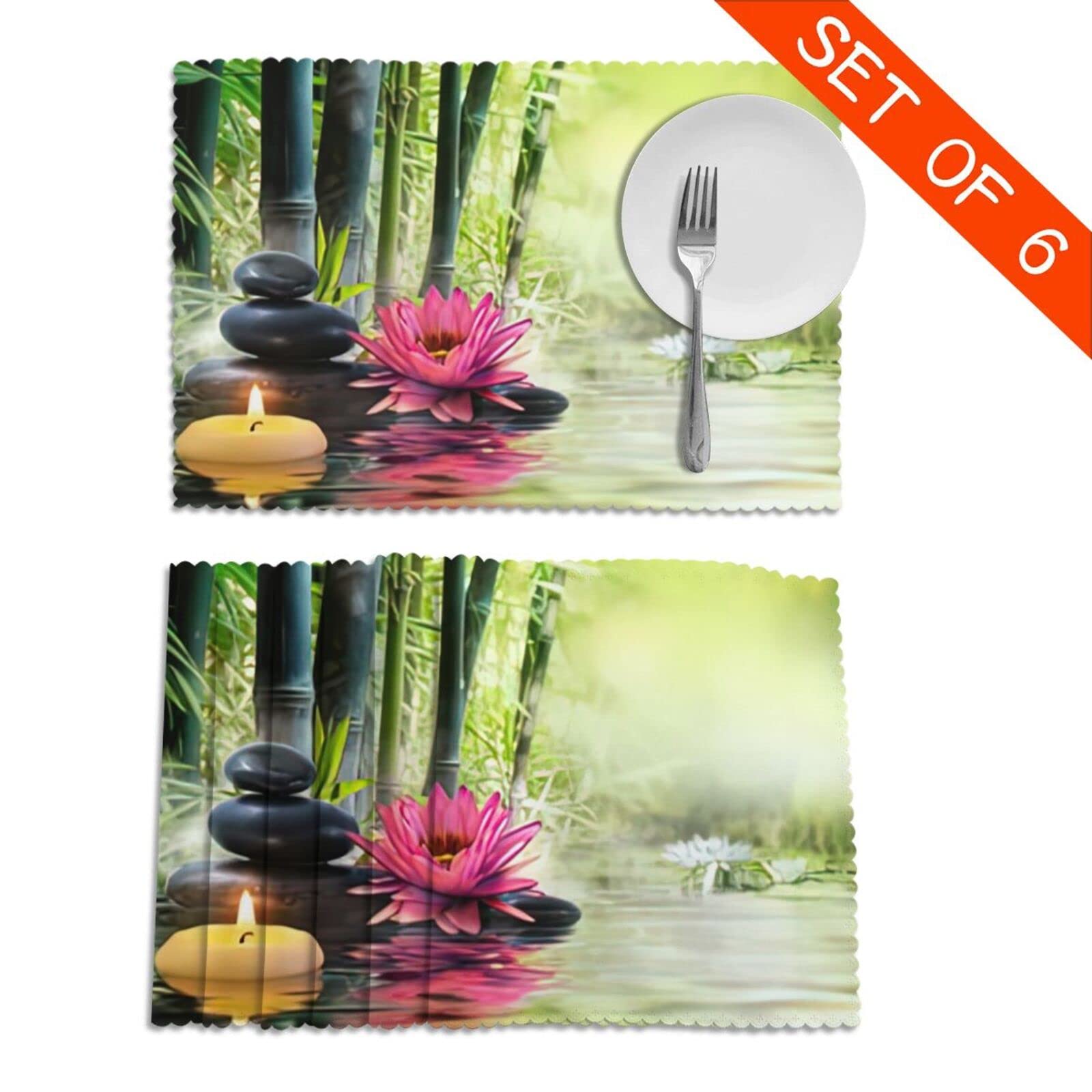 Zen Stone Lotus Bamboo Placemats Set of 6,Table Mats Heat-Resistant Washable Non-Slip Place Mats for Party Family Dining Kitchen Home Wedding Holiday Party Decorations 12 X 18 Inch