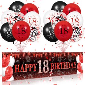 vxtrri red 18th birthday decorations for boys girls, red black glitter 18th birthday banner yard sign and 16pcs red black 18th birthday latex balloons for 18th birthday anniversary party supplies