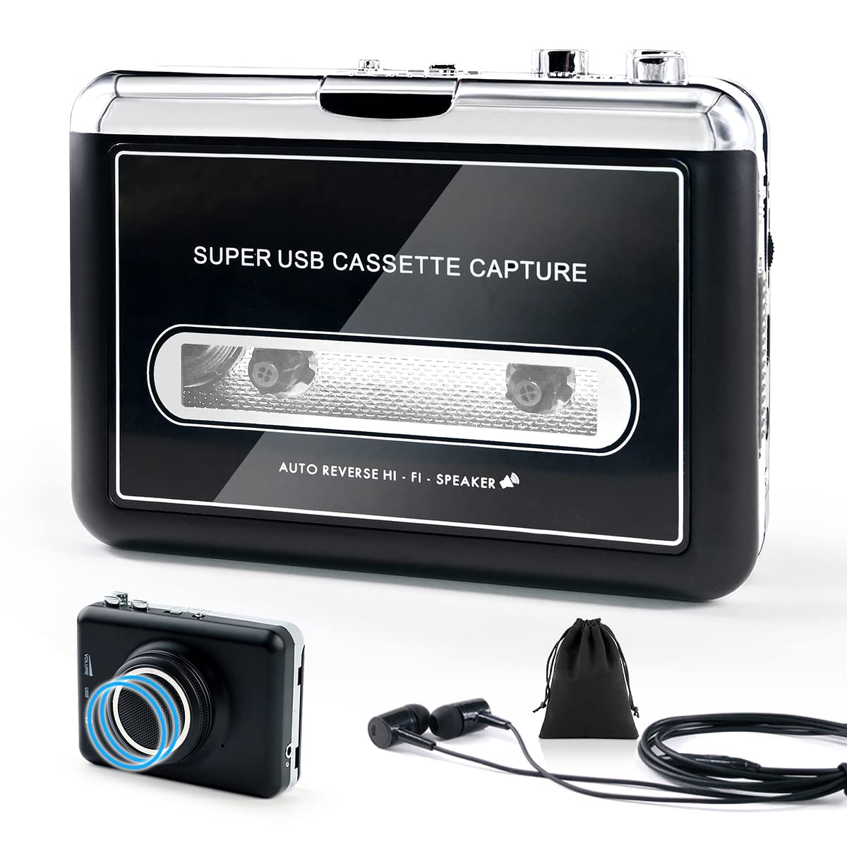 Clear Stereo &Auto Reverse Cassette Player with Detachable External Speaker-Portable Cassette to MP3 Digital Converter- Convert Tapes to Digital Format via USB-Compatible with MAC Laptops & PC