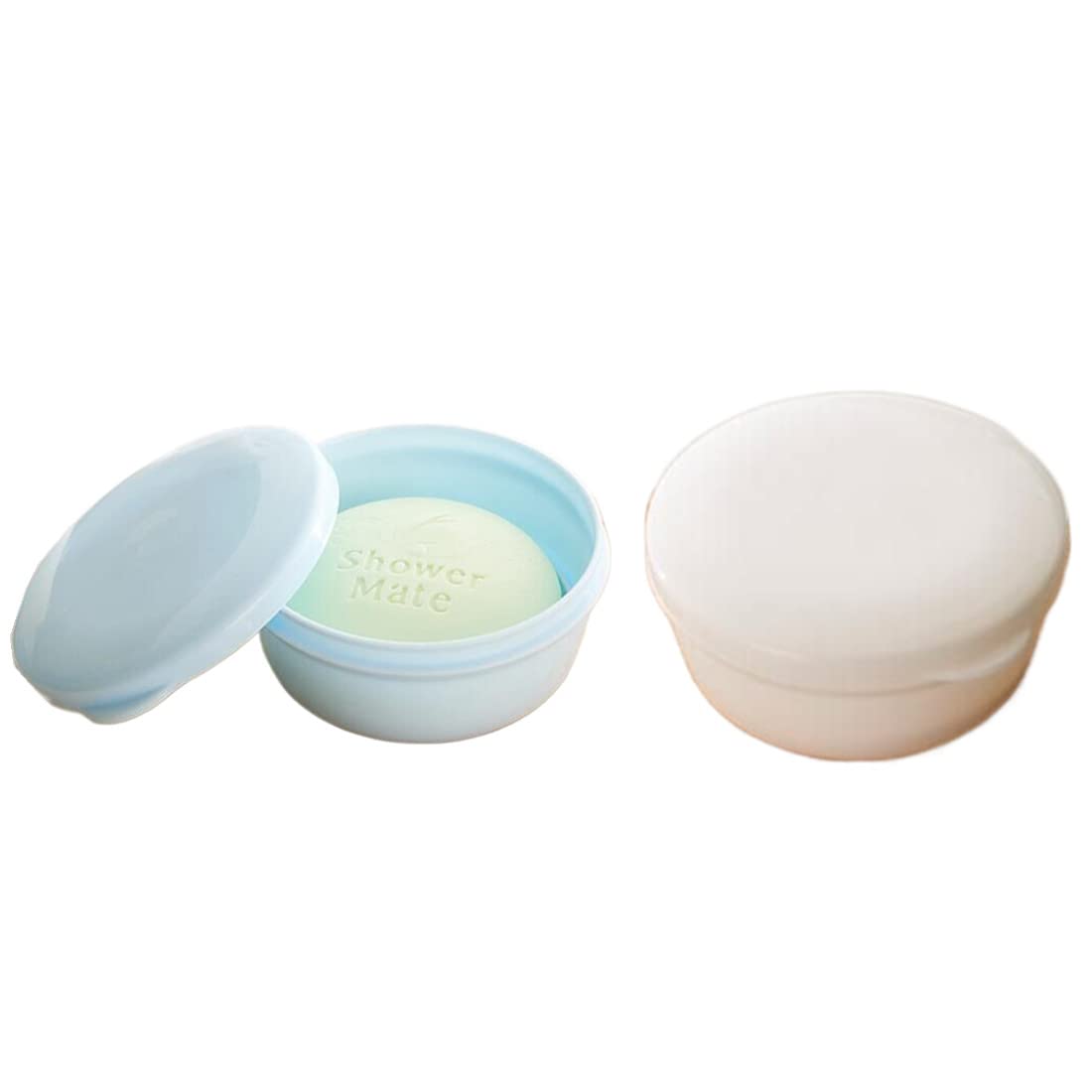 2 Pack Plastic Travel Soap Container Box Trays with Lid, Portable Mini Round Soap Bar Holder, Leak Proof Soap Dish Case for Bathroom Shower Home Outdoor Camping (White, Blue)