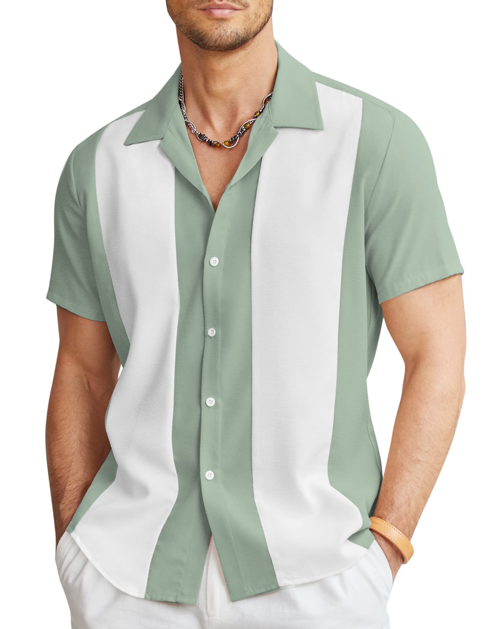 COOFANDY Vintage Mens Bowling Shirts Button Up Vacation Shirts Loose Fit Short Sleeve Shirts Green White