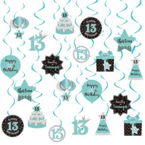 happy 13th birthday party hanging swirls streams ceiling decorations, celebration 13 foil hanging swirls with cutouts for 13 years teal silver black blue birthday party decorations supplies