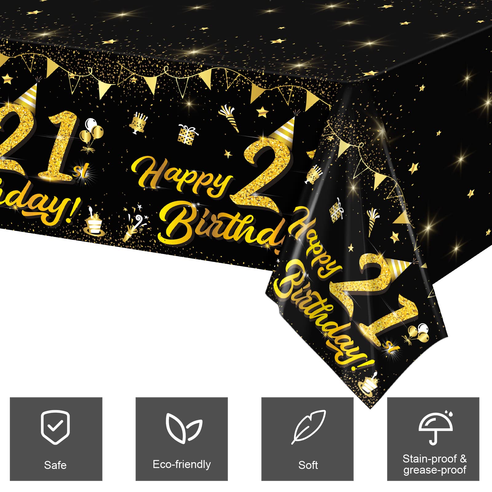 durony 2 Pack 21st Birthday Tablecloth Table Cover Plastic Black Gold Happy Tablecloth Waterproof Rectangular Table Cloth Cover for Indoor or Outdoor Parties Birthday