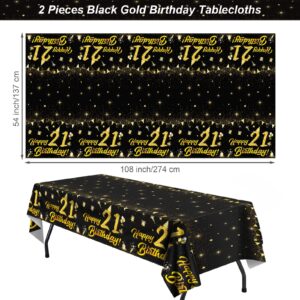 durony 2 Pack 21st Birthday Tablecloth Table Cover Plastic Black Gold Happy Tablecloth Waterproof Rectangular Table Cloth Cover for Indoor or Outdoor Parties Birthday