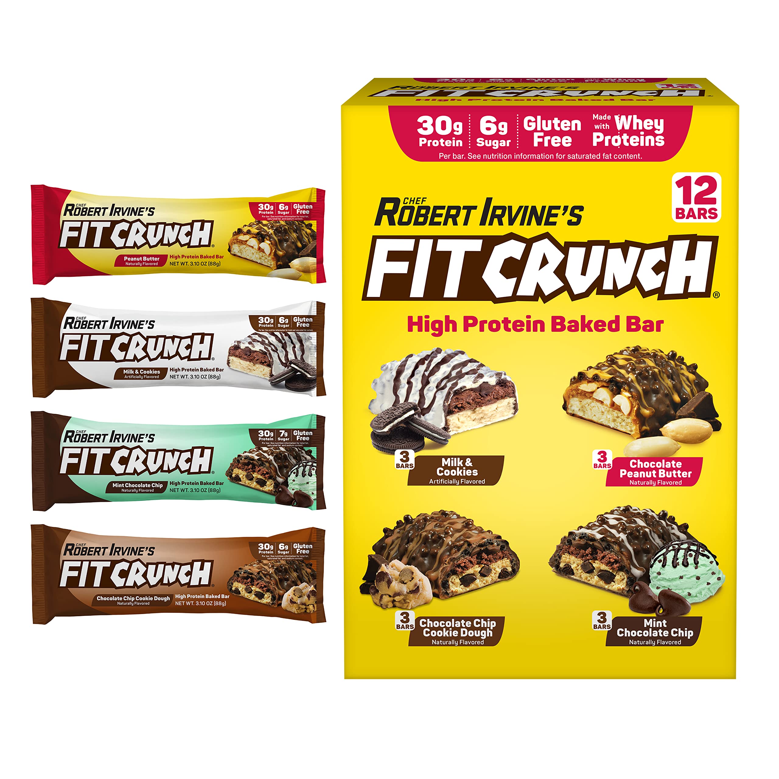 FITCRUNCH Full Size Protein Bars, Designed by Robert Irvine, 6-Layer Baked Bar, 6g of Sugar, Gluten Free & Soft Cake Core (Variety Pack)