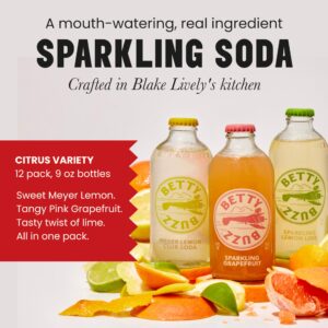 Betty Buzz Premium Sparkling Soda Citrus Variety Pack by Blake Lively (12 pack), Sparkling Grapefruit, Sparkling Lemon Lime, Meyer Lemon Club Soda | Real Juice, Natural Flavors, Only Clean Ingredients