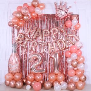 21st birthday decorations for her, 94pcs rose gold party decorations for girls, 40in 21st birthday balloons, 21st happy birthday banner, pink white rose gold balloon arch kit crown champagne balloon