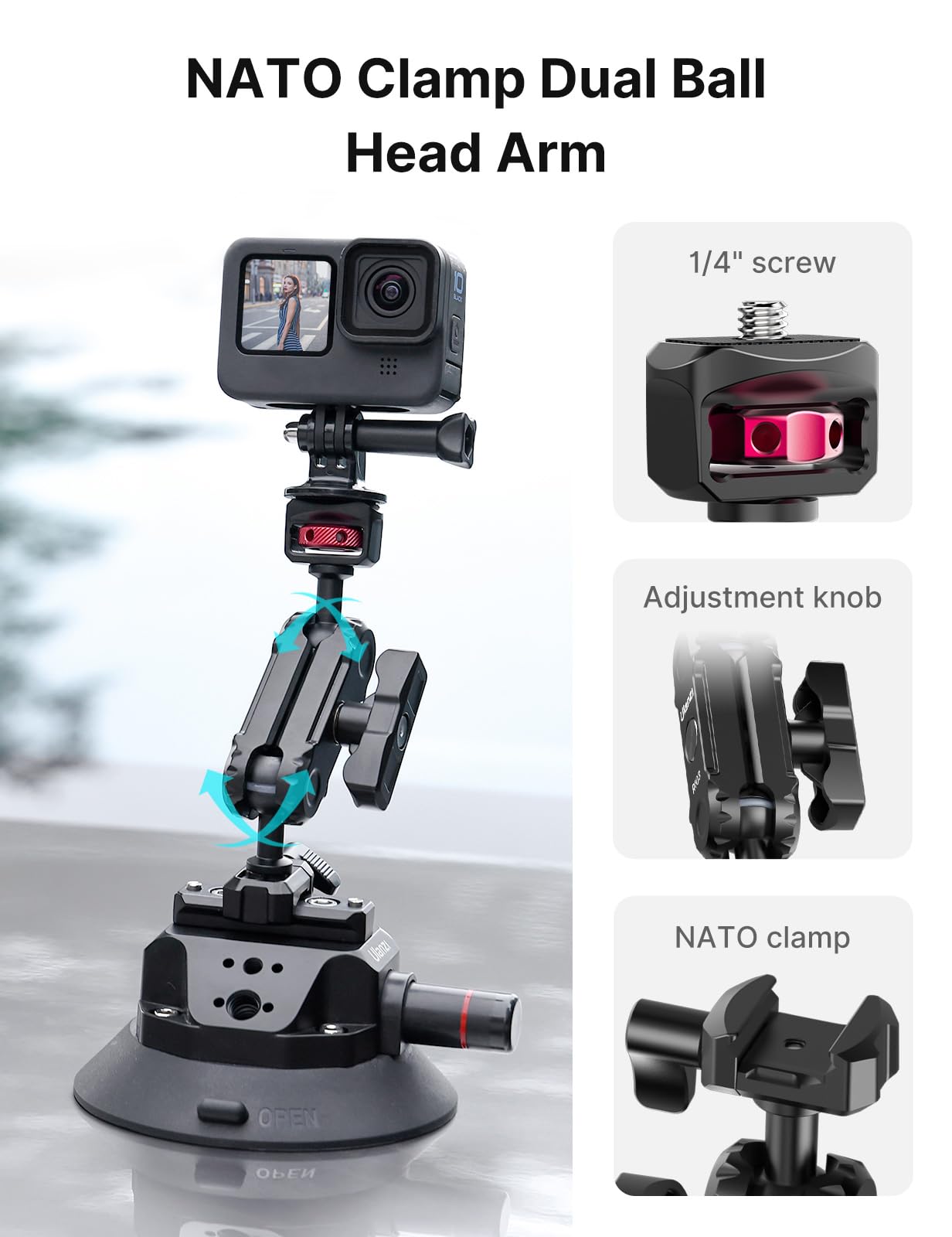 Camera Suction Cup Mount for Gopro - ULANZI SC-02 4.5in Pump-actived Vacuum Suction Mount w Quick Release NATO Magic Arm Car Boat Windshield Window Mount Compatible with Go pro Nikon Canon Sony DSLR