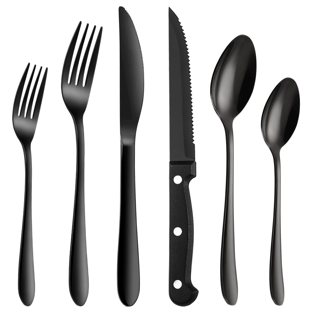 48-Piece Black Silverware Set for 8, Stainless Steel Flatware Cutlery Set with Steak Knives, Stain Finish Kitchen Utensil Tableware Set, Includes Spoons Forks Knives for Home Hotel, Dishwasher Safe