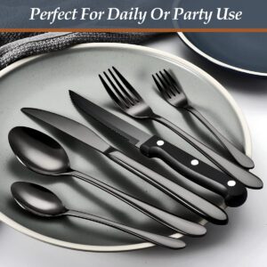 48-Piece Black Silverware Set for 8, Stainless Steel Flatware Cutlery Set with Steak Knives, Stain Finish Kitchen Utensil Tableware Set, Includes Spoons Forks Knives for Home Hotel, Dishwasher Safe