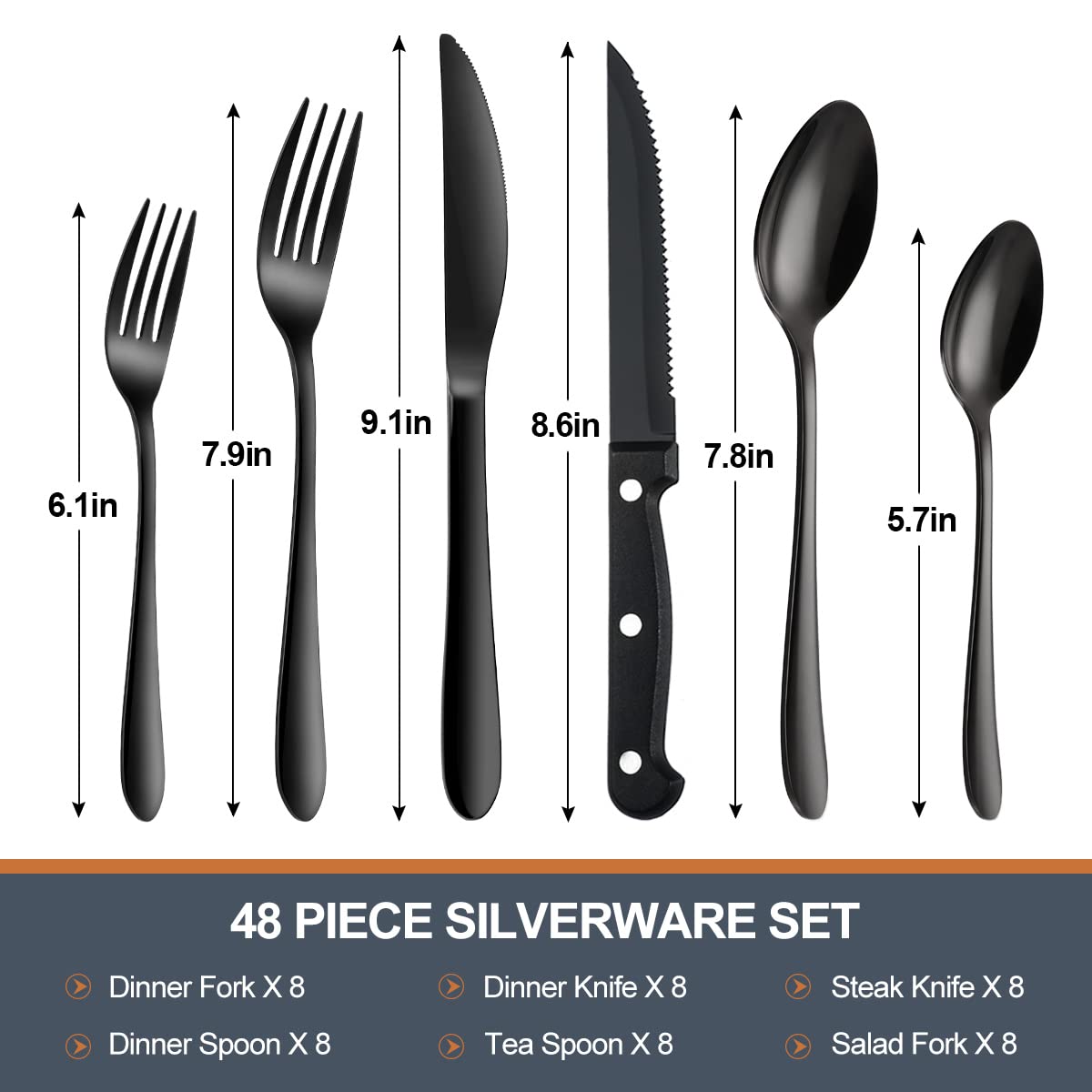 48-Piece Black Silverware Set for 8, Stainless Steel Flatware Cutlery Set with Steak Knives, Stain Finish Kitchen Utensil Tableware Set, Includes Spoons Forks Knives for Home Hotel, Dishwasher Safe