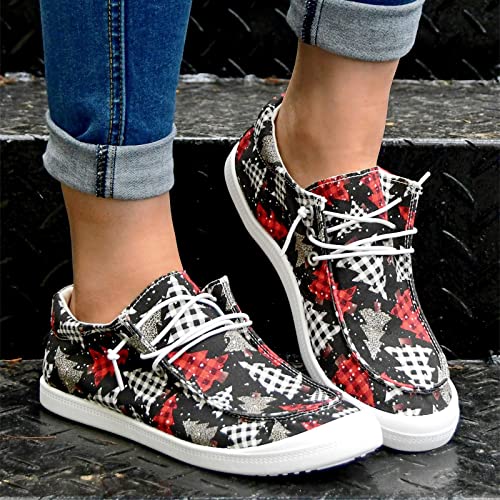 Gumipy Loafers for Women, Christmas Print Fashion Sneaker Comfortable Lightwight Lace Up Canvas Shoes Breathable Walking Shoes Soft Fall Shoes for Women 2022 Cute Xmas Running Tennis Shoes