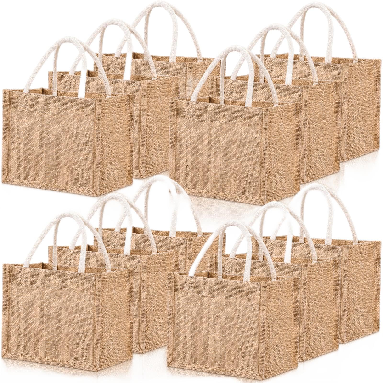 Cunno 12 Pcs Burlap Tote Bags Mini Jute Reusable Bag with Handles Small Blank Canvas Gift Bag Water Proof for Wedding Beach DIY 9.06x5.12x6.3inch(Classic Style)