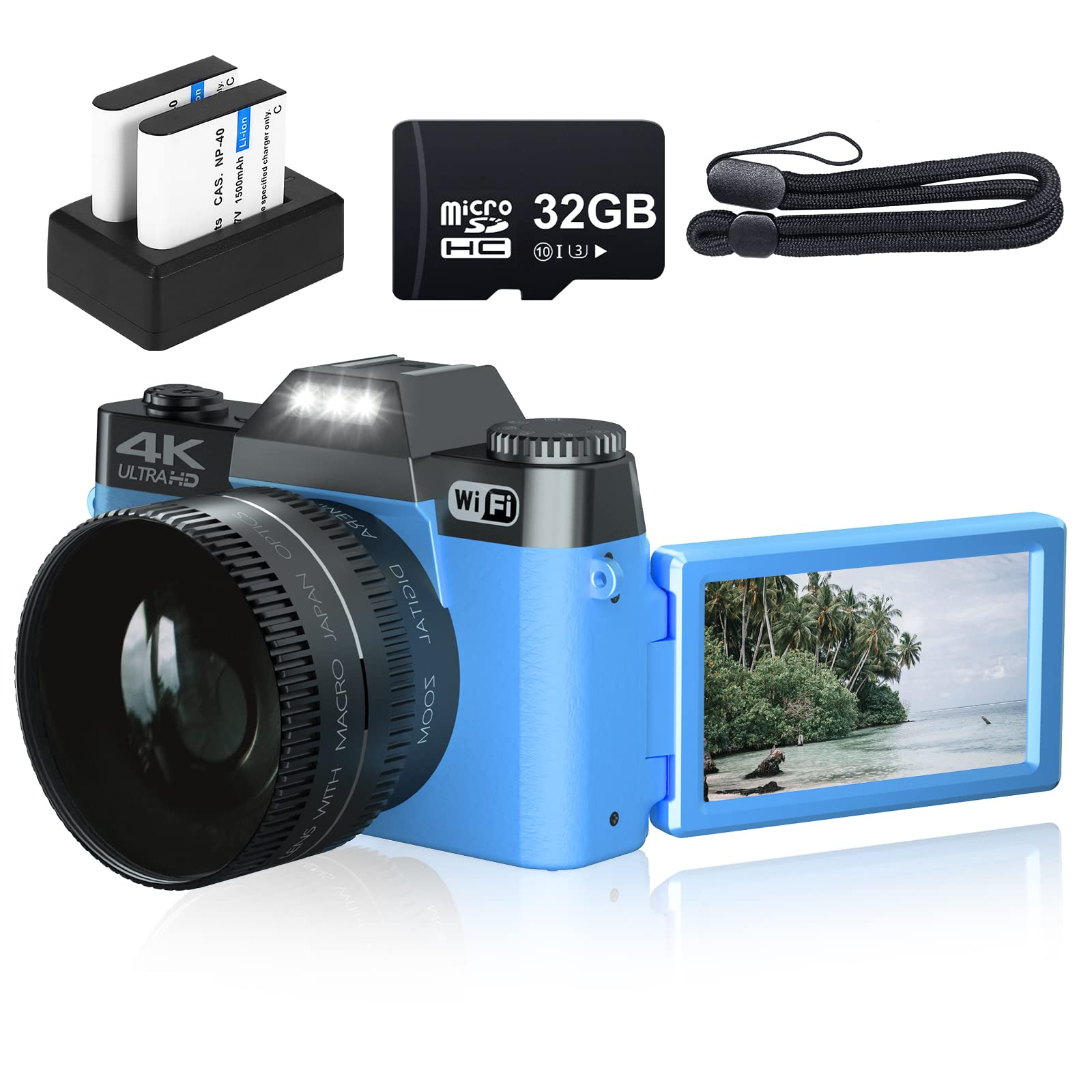 4K Digital Camera for Photography VJIANGER 48MP Vlogging Camera for YouTube with 3.0’’ 180° Flip Screen, WiFi, 16X Digital Zoom, Wide Angle & Macro Lens, 2 Batteries, 32GB Micro SD Card(W02-Blue30)