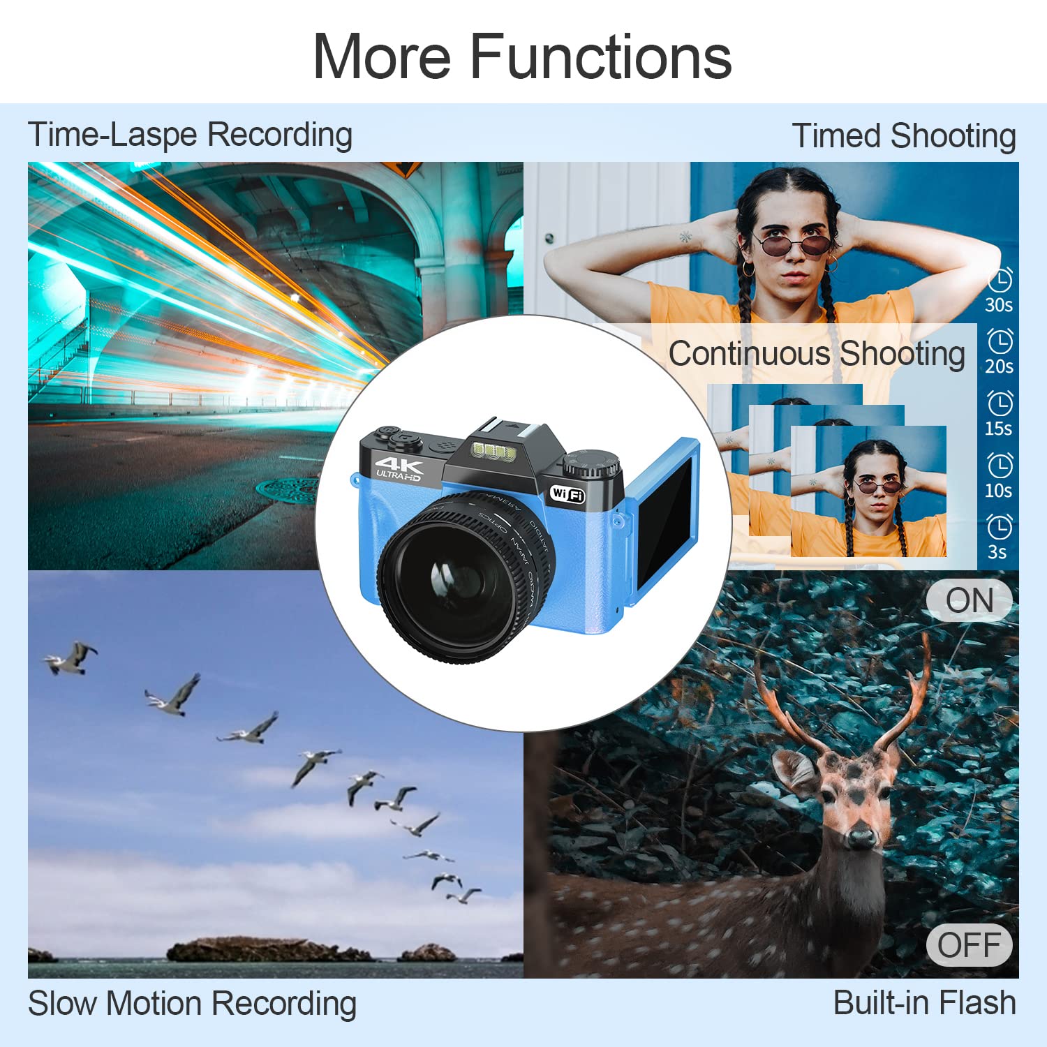 4K Digital Camera for Photography VJIANGER 48MP Vlogging Camera for YouTube with 3.0’’ 180° Flip Screen, WiFi, 16X Digital Zoom, Wide Angle & Macro Lens, 2 Batteries, 32GB Micro SD Card(W02-Blue30)