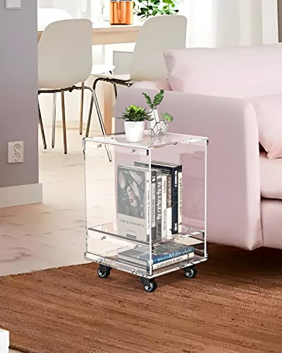 KSacry Acrylic Rolling Cart for Small Space,Mobile End Table with Two Tier Rolling Cart,Acrylic Nightstand/Bedside Table for Living Room, Bedroom (12.6" L × 11.8" W × 19" H)