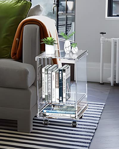 KSacry Acrylic Rolling Cart for Small Space,Mobile End Table with Two Tier Rolling Cart,Acrylic Nightstand/Bedside Table for Living Room, Bedroom (12.6" L × 11.8" W × 19" H)