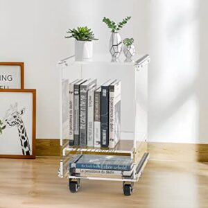 KSacry Acrylic Rolling Cart for Small Space,Mobile End Table with Two Tier Rolling Cart,Acrylic Nightstand/Bedside Table for Living Room, Bedroom (12.6" L × 11.8" W × 19" H)