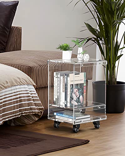 KSacry Acrylic Rolling Cart for Small Space,Mobile End Table with Two Tier Rolling Cart,Acrylic Nightstand/Bedside Table for Living Room, Bedroom (12.6" L × 11.8" W × 19" H)