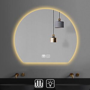 wall-mounted led dimming anti-fog mirror, smart vanity mirror, irregular bathroom mirror, semi-circle frameless mirror, smart vanity mirror, anti-fog, dimmable ( color : warm light , size : 80 cm (32