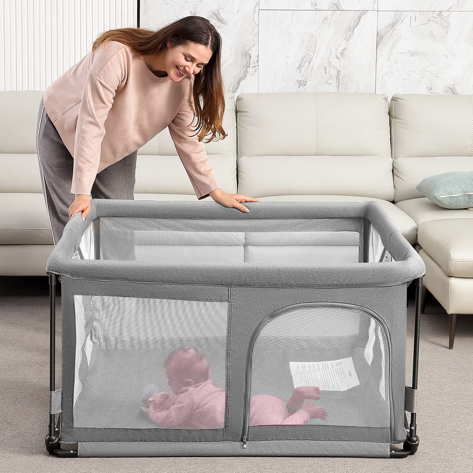 Foldable Baby Playpen, RONBEI Portable Foldable Playpen for Babies and Toddlers, Travel Indoor Outdoor Baby Playpen Lightweight Play Yard