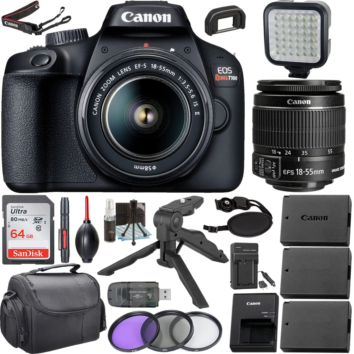 Camera Bundle for Canon EOS Rebel T100 DSLR Camera with EF-S 18-55mm f/3.5-5.6 is II Lens and Accessories Pack (64GB, Handheld Tripod, Extra Batteries, and More)