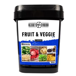 ready hour, fruit & veggie mix, real non-perishable freeze-dried food, 30-year shelf life, portable emergency and adventure food supply, durable flood safe container, 56 servings