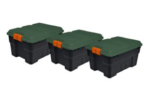 rubbermaid pack & go 14 gal storage tote, durable design and easy to transport, built-in handles, tie down channels and lockable snap tight lid, black base, green lid and orange handles, pack of 3