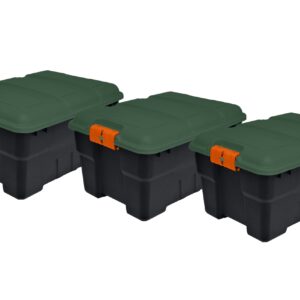 Rubbermaid Pack & Go 14 Gal Storage Tote, Durable Design and Easy to Transport, Built-In Handles, Tie Down Channels and Lockable Snap Tight Lid, Black Base, Green Lid and Orange Handles, Pack of 3