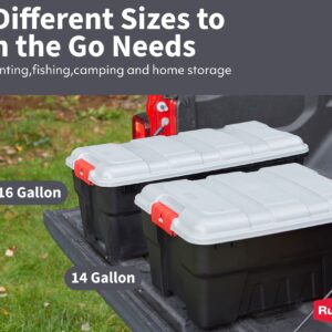 Rubbermaid Pack & Go 14 Gal Storage Tote, Durable Design and Easy to Transport, Built-In Handles, Tie Down Channels and Lockable Snap Tight Lid, Black Base, Green Lid and Orange Handles, Pack of 3