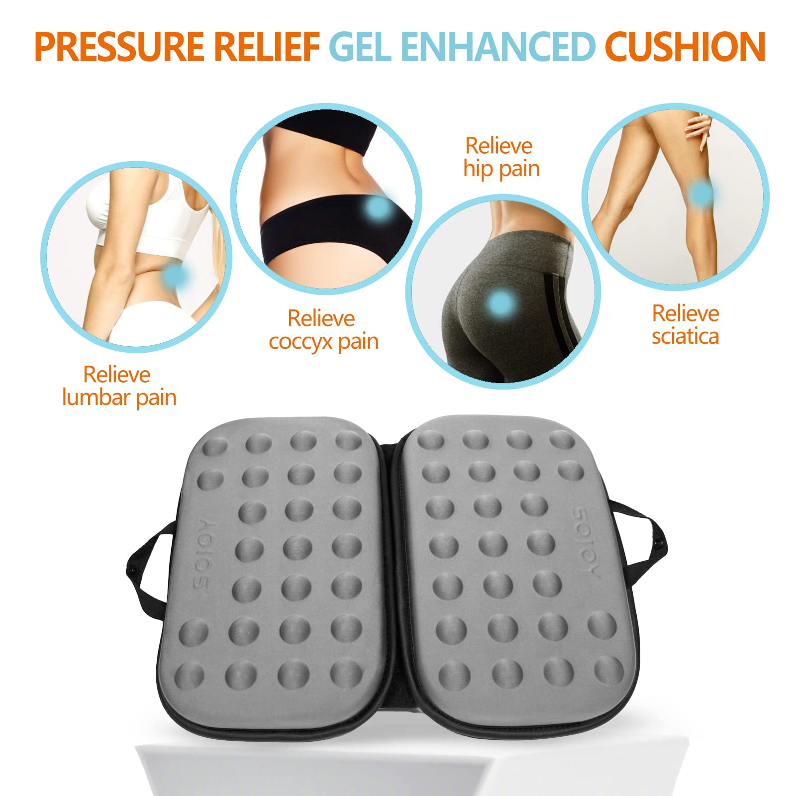 Sojoy 3 in 1 Gel Seat Cushion Portable Massage Travel Cushions with Memory Foam Gray…