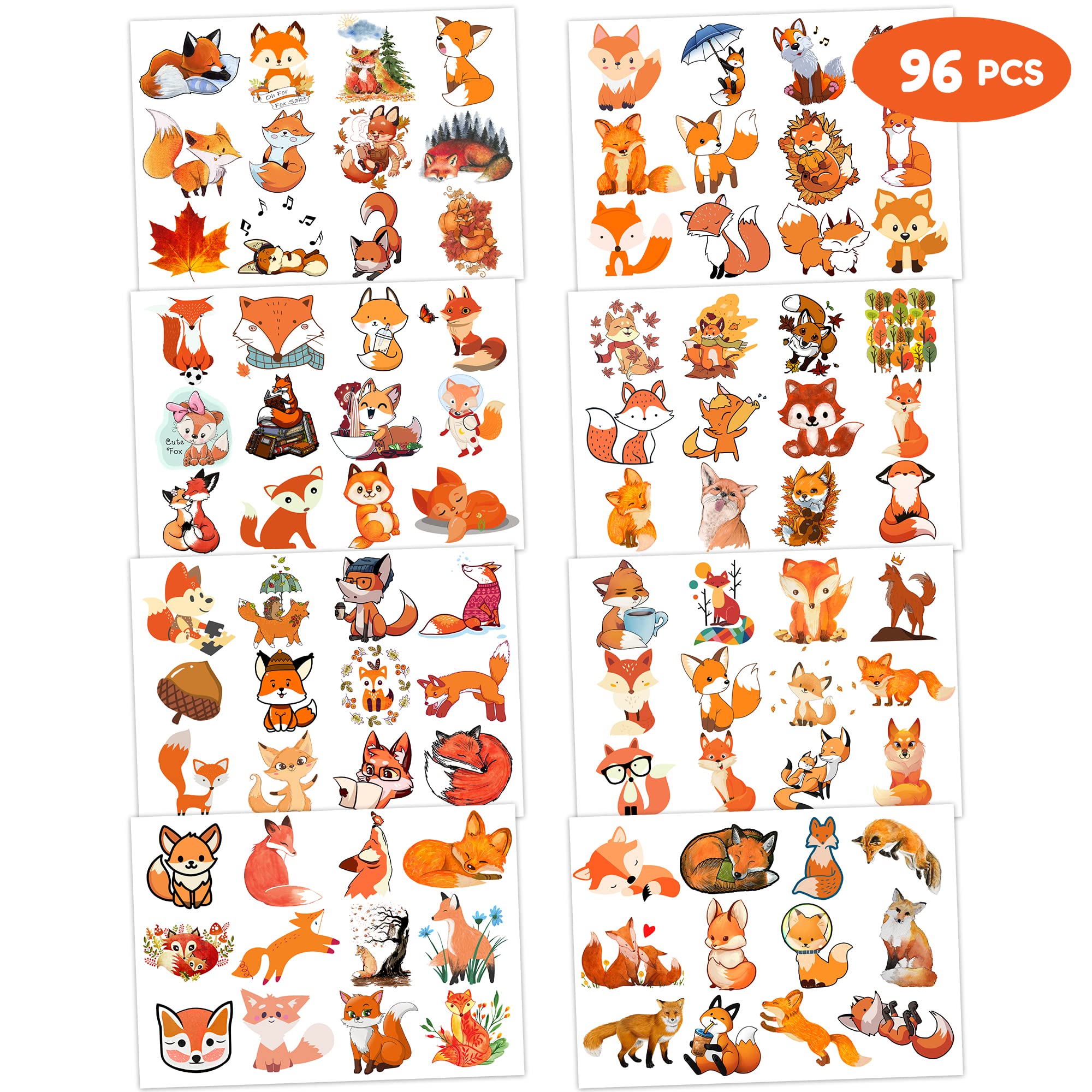 Fox Temporary Tattoos for Kids 96PCS Birthday Party Decorations Supplies Party Favors Supper Cute Tattoo Sticker Style Woodland Fall Gift Boys Girls Prizes Themed