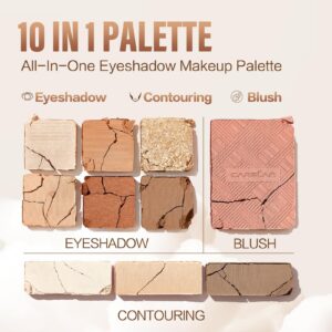 CARSLAN 10 In 1 Color Eyeshadow Palette, Matte, Shimmer, Glitter Pigment Eye Shadow Blush Makeup Pallete, Neutral Nudes Eye Makeup Palette with Mirror, 01.Coffee