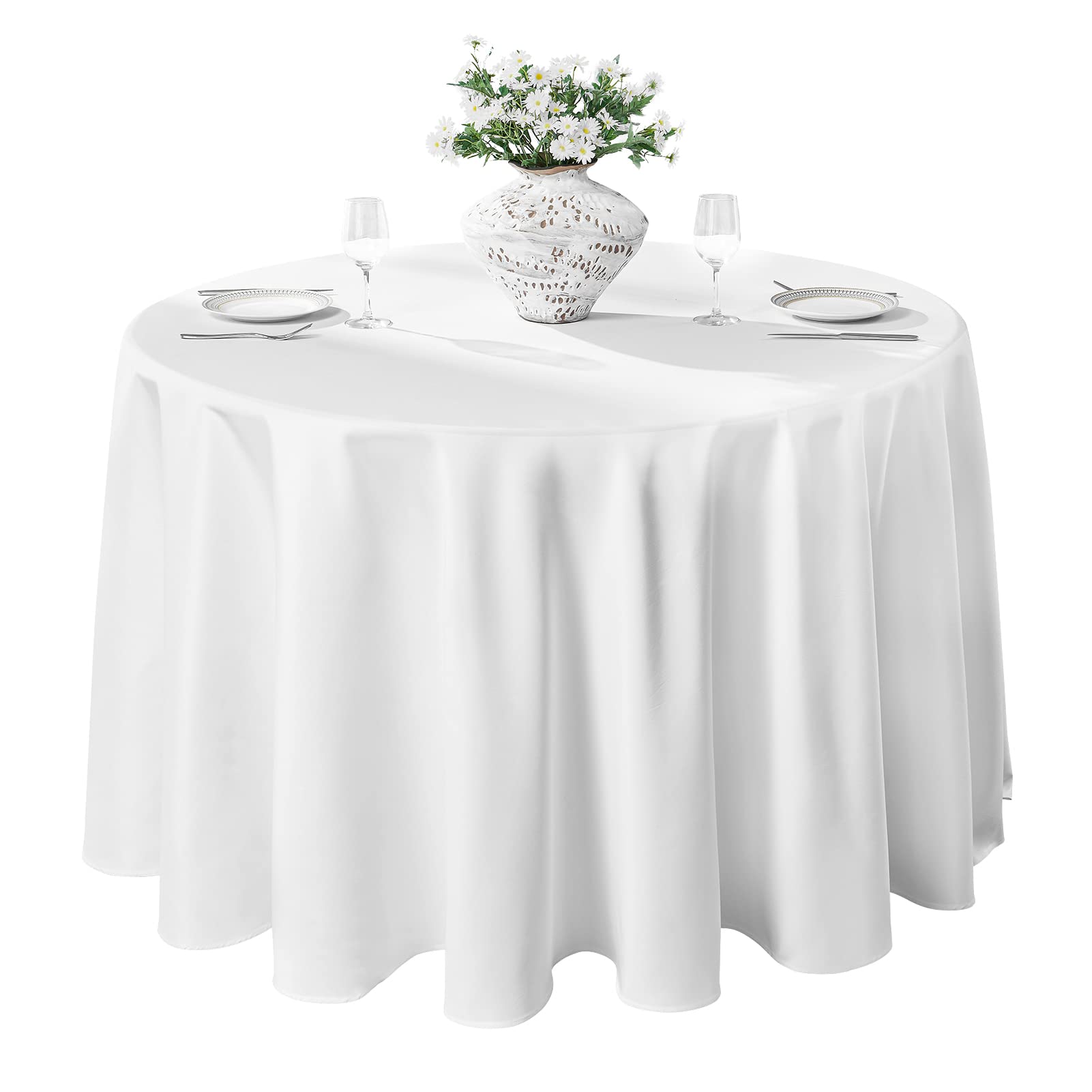 VidaFete 120inch Round Tablecloth Polyester Table Cloth，Stain Resistant and Wrinkle Polyester Dining Table Cover for Kitchen Dinning Party Wedding Rectangular Tabletop Buffet Decoration(White)