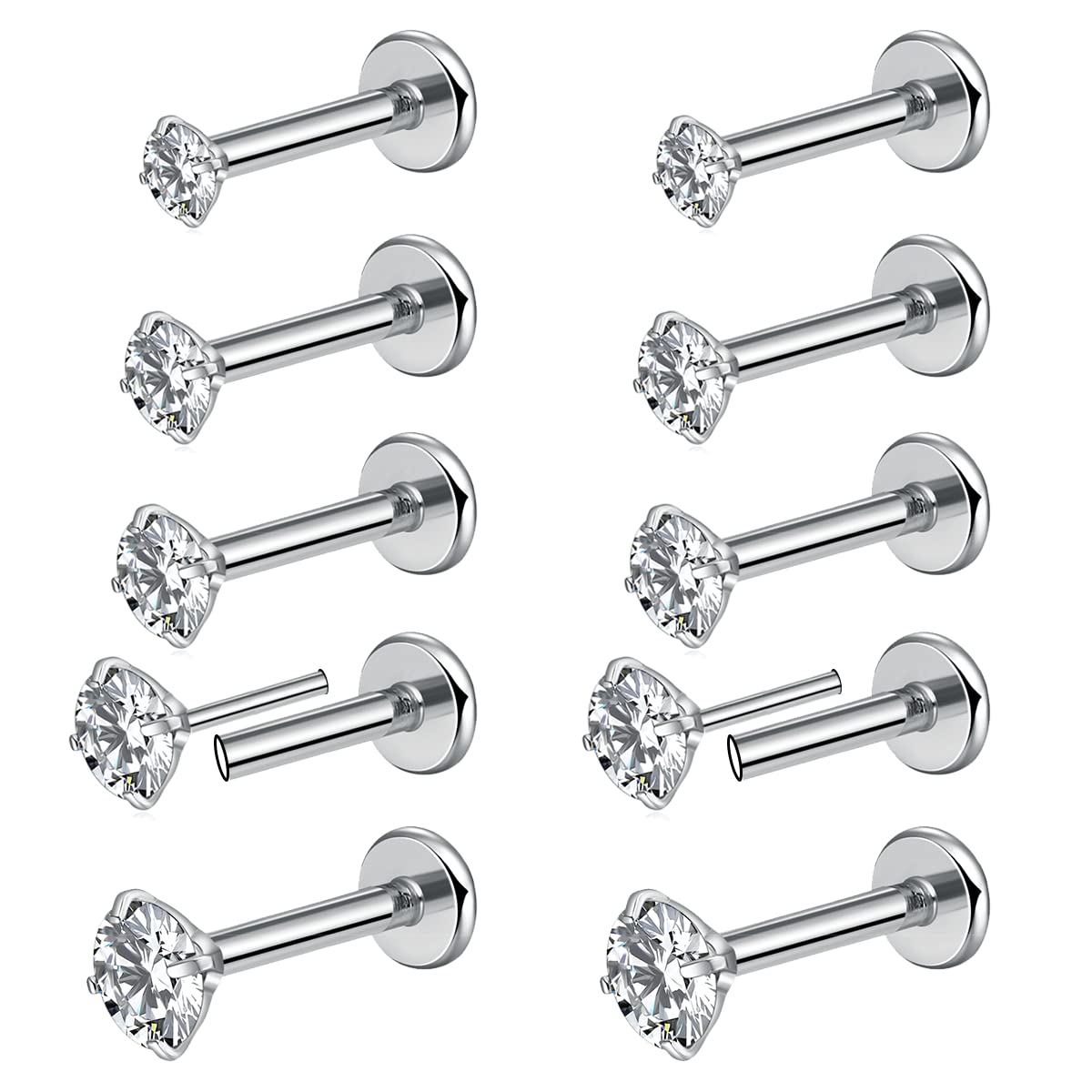 10Pcs 16G 18G 20G Threadless Push in Lip Rings Studs, CZ Lip Studs Stainless Steel Cartilage Earrings for Women, Stainless Steel, cubic zirconia